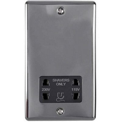 230v & 115v Shaver Twin Socket Wall Plate BLACK NICKEL & Black Trim ...