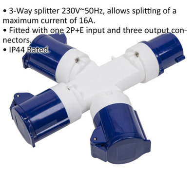 230V 3-way 16A Splitter - IP44 Rated Connector - 3 x 2P+E 16A Sockets