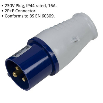230V Blue 2P+E Plug - Industrial 16A 2P+E Site Plug Connector - IP44 Rated