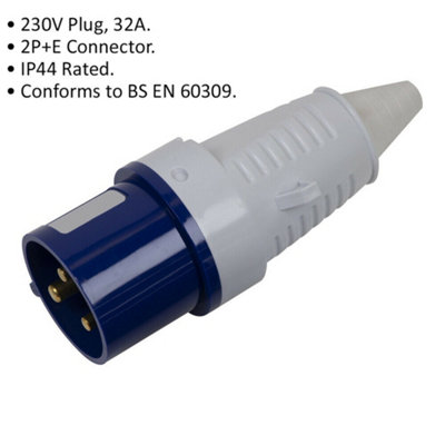 230V Blue 2P+E Plug - Industrial 32A 2P+E Site Plug Connector - IP44 Rated