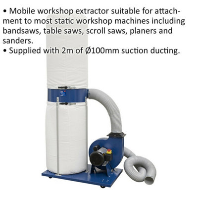 230V Portable Dust and Chip Extractor with 2m Ducting for Workshop Machines