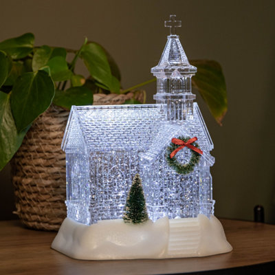 23cm Battery Operated Light up Christmas Church with Swirling Glitter ...