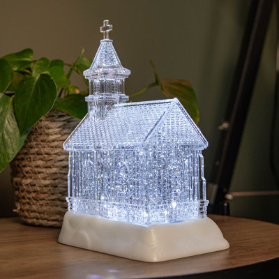 23cm Battery Operated Light up Christmas Church with Swirling Glitter ...