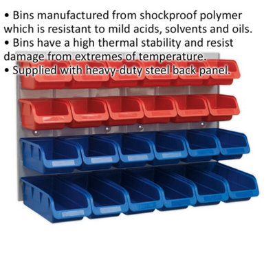 24 ASSORTED RED AND BLUE PLASTIC STORAGE BINS WITH HEAVY-DUTY WALL PANEL