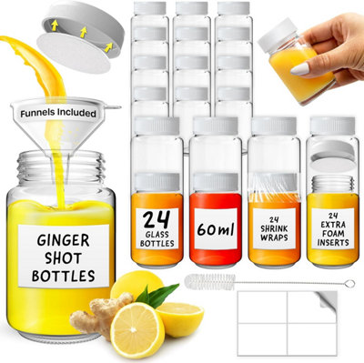 24 Glass Juice Bottles - 60ml Reusable Leakproof Bottles for Heath ...