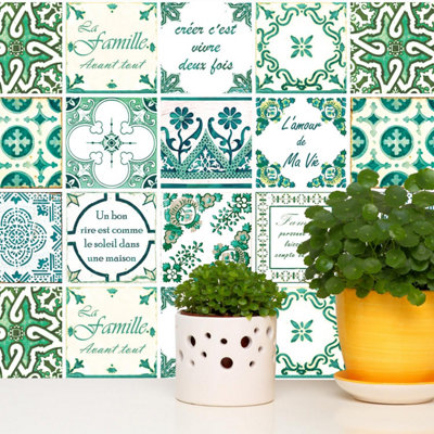 24 Pieces 15x15cm French Quote Classic Green Tile Stickers | DIY at B&Q