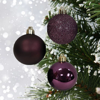 24 Plum Purple Christmas Tree Baubles Tree Decoration Ornament Glitter ...