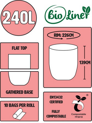 240L Bioliner Compostable Large Wheelie Bin Bin Liners - 8 Rolls