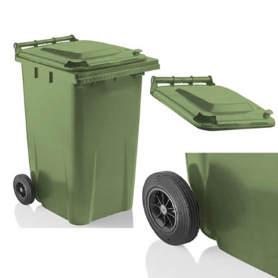 240L Green Large Outdoor Garden Waste Recycling Wheelie Bin With Rubber Wheels Handle & Lid