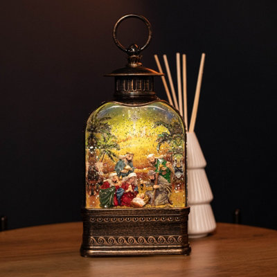 24cm Dual Power LED Christmas Glitter Water Spinner Antique Lantern ...