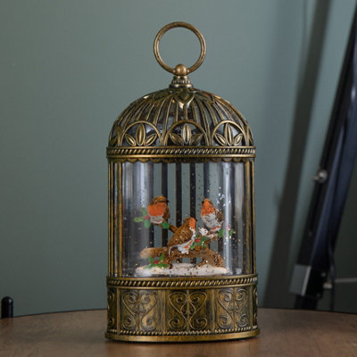 24cm Dual Powered Light up Christmas Cage Water Spinner with Robin ...