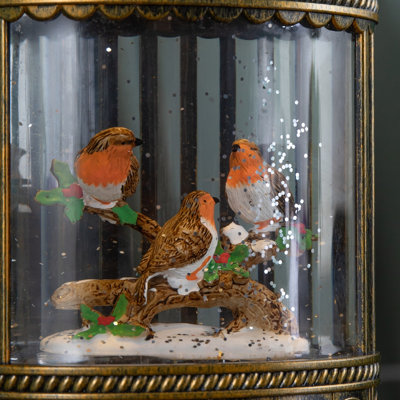 24cm Dual Powered Light up Christmas Cage Water Spinner with Robin ...