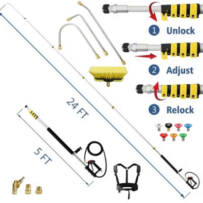 24ft Water Fed Telescopic Window Cleaning Pole Kit with Brush & Nozzles