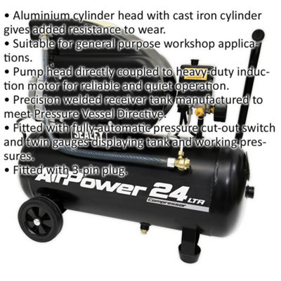 Buy 24L Direct Drive Air Compressor - 2hp Heavy Duty Induction Motor ...