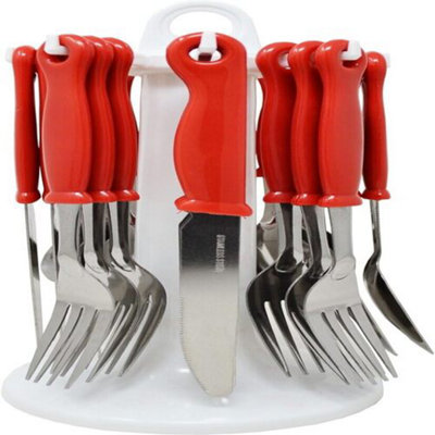 24Pc Red Cutlery Dinner Set Rack Metal Forks Teaspoons Tea Spoons ...