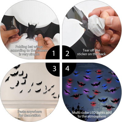 24PCS Halloween Bats Decorations With LED Lighting 3D DIY Horrible ...