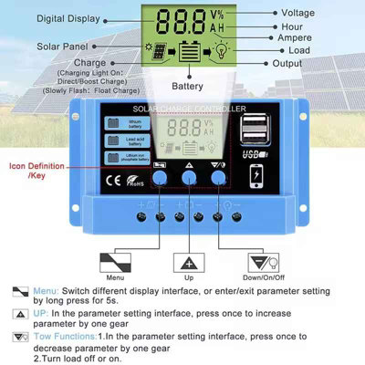 24V 30A Solar Controller PWM Battery Charger with LCD & Dual USB