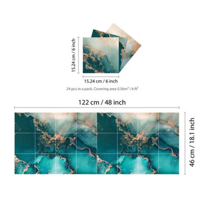 24x Ocean Blue Marble Tile Stickers Peel Stick Wall Tiles