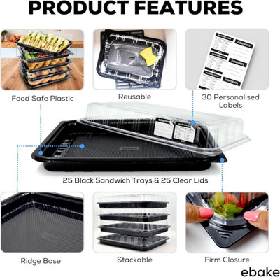 25 Large Reusable Sandwich Trays with Lids & Labels - Durable Buffet ...