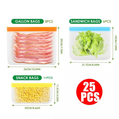 25 Pack Reusable PEVA Food Storage Freezer Bags - Leak Proof Zip Seal