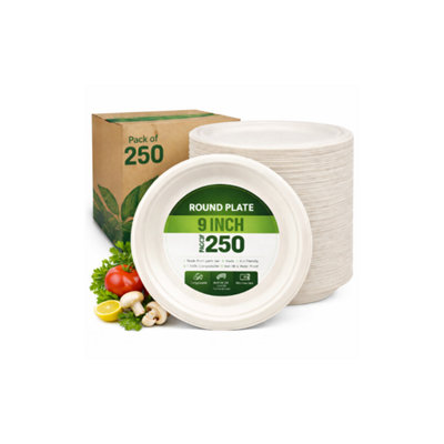250 Pack 9 Inch Bagasse Plates Heavy Duty Compostable Disposable ...