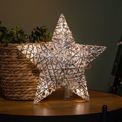 25cm Battery Operated Light up Silver Woven Christmas Star with 5 Warm ...