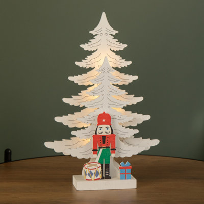 25cm LED Battery Operated Nutcracker with White Wooden Christmas Tree ...