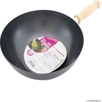 25CM Non Stick Wok Stir Fry Noodles Chinese Frying Pan Cooking Wooden ...