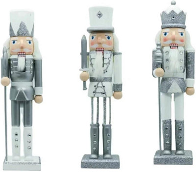 25cm Silver and White Glitter Wooden Nutcrackers - 3pcs Set - Soldiers ...