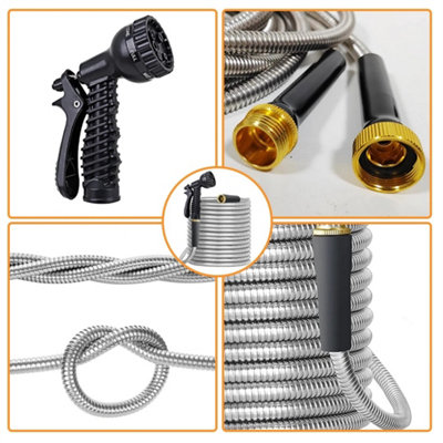 25FT-Stainless Steel Garden Hose Pipe Water Kink-Free With Spray Gun