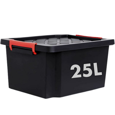 25L Black Plastic Storage Box with Lid 44 x 34 x 23 cm Stackable ...