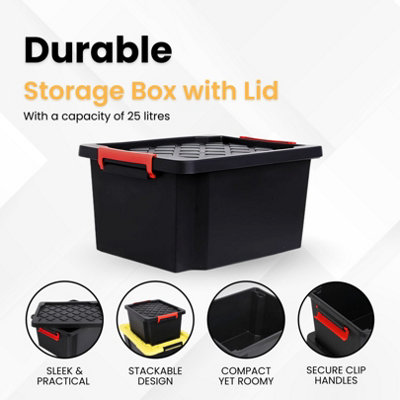 25L Black Plastic Storage Box with Lid 44 x 34 x 23 cm Stackable ...