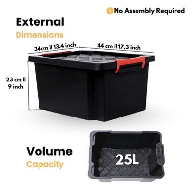 25L Black Plastic Storage Box with Lid 44 x 34 x 23 cm Stackable ...