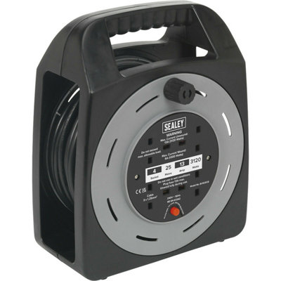 25m Box Type Cable Reel - 4 x 230V Plug Socket Extension Lead - Thermal ...