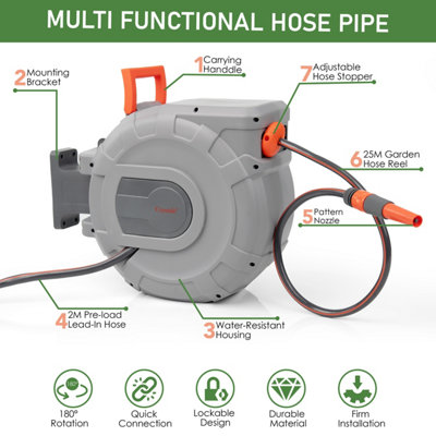 25m Garden Patio Hose Reel Wall Mounted Retractable Auto Rewind Pipe