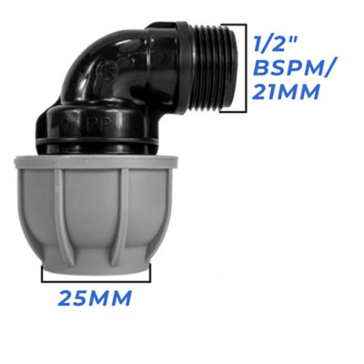 25mm MDPE Elbow Compression Adapter with 1/2 Inch BSP Male Thread