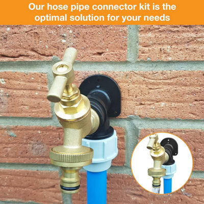 25mm MDPE Wall Flange Kit Wall Plate Elbow Brass Garden Tap with Click ...