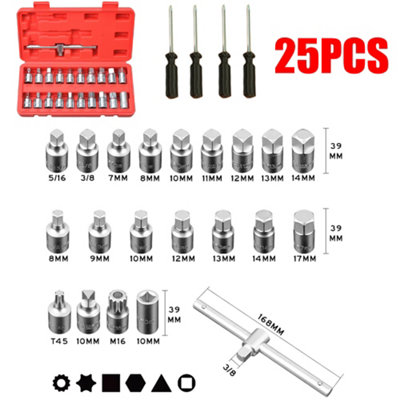 25pc Sump Plug Socket Set & Oil Drain Key Kit for Gearbox & Axle