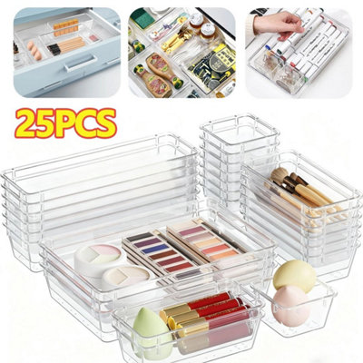 25pcs Drawer Organiser Set Clear Makeup Trays Plastic Desk Drawer ...