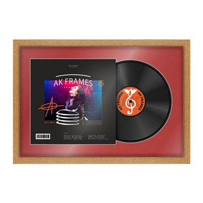 25x17" Oak Modern Vinyl Record Frame With Crimson Mount for 12 Inch LP ...