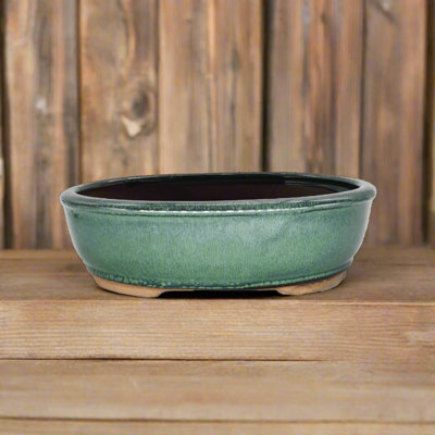 26cm Glazed Bonsai Pot - Oval - 26cm x 20cm x 8cm - Green