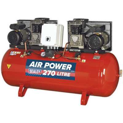 270 Litre Dual Motor Belt Drive Air Compressor with Cast Cylinders for ...