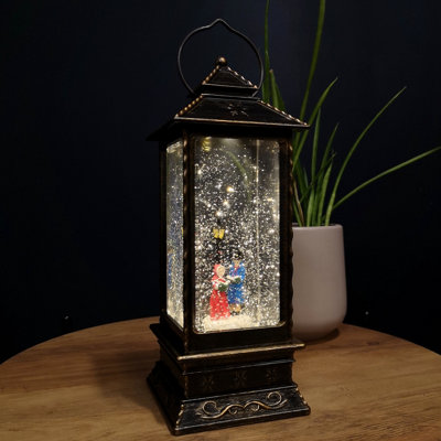 27cm Dual Power Light up Christmas Glitter Water Spinner Rustic Lantern ...