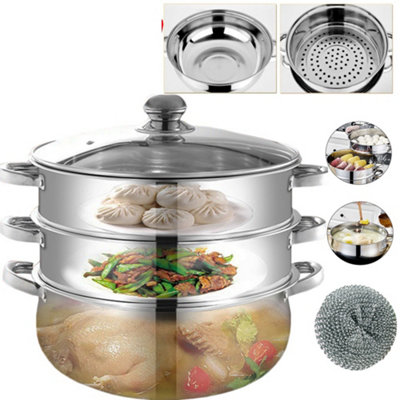 28cm 3 Tier Steam Cooker Steamer Pan Cook Food Veg Pot Stainless Steel