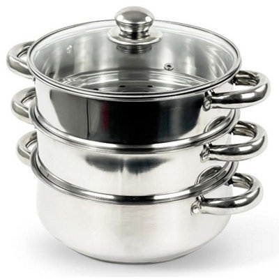 28cm 3 Tier Steam Cooker Steamer Pan Cook Food Veg Pot Stainless Steel