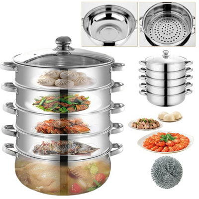 28cm 5 Tier Steam Cooker Steamer Pan Cook Food Veg Pot Stainless Steel