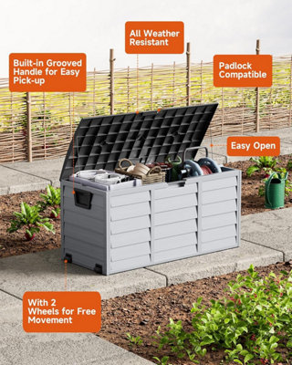290L Large Indoor / Outdoor Garden Storage Box Grey with Wheels ...