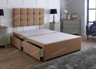 2FT6 Brown Linen Small Single Divan Bed Base With Headboard 2 Drawers ...