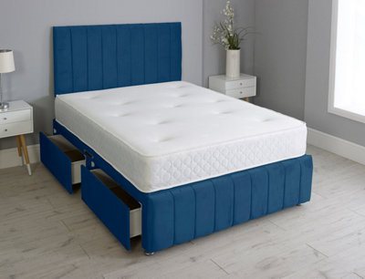 2FT6 Ibex Blue Plush Divan Bed Set 2 Drawers Left Side