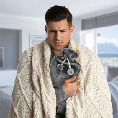 2L Fluffy Pom Pom Hot Water Bottle - Grey